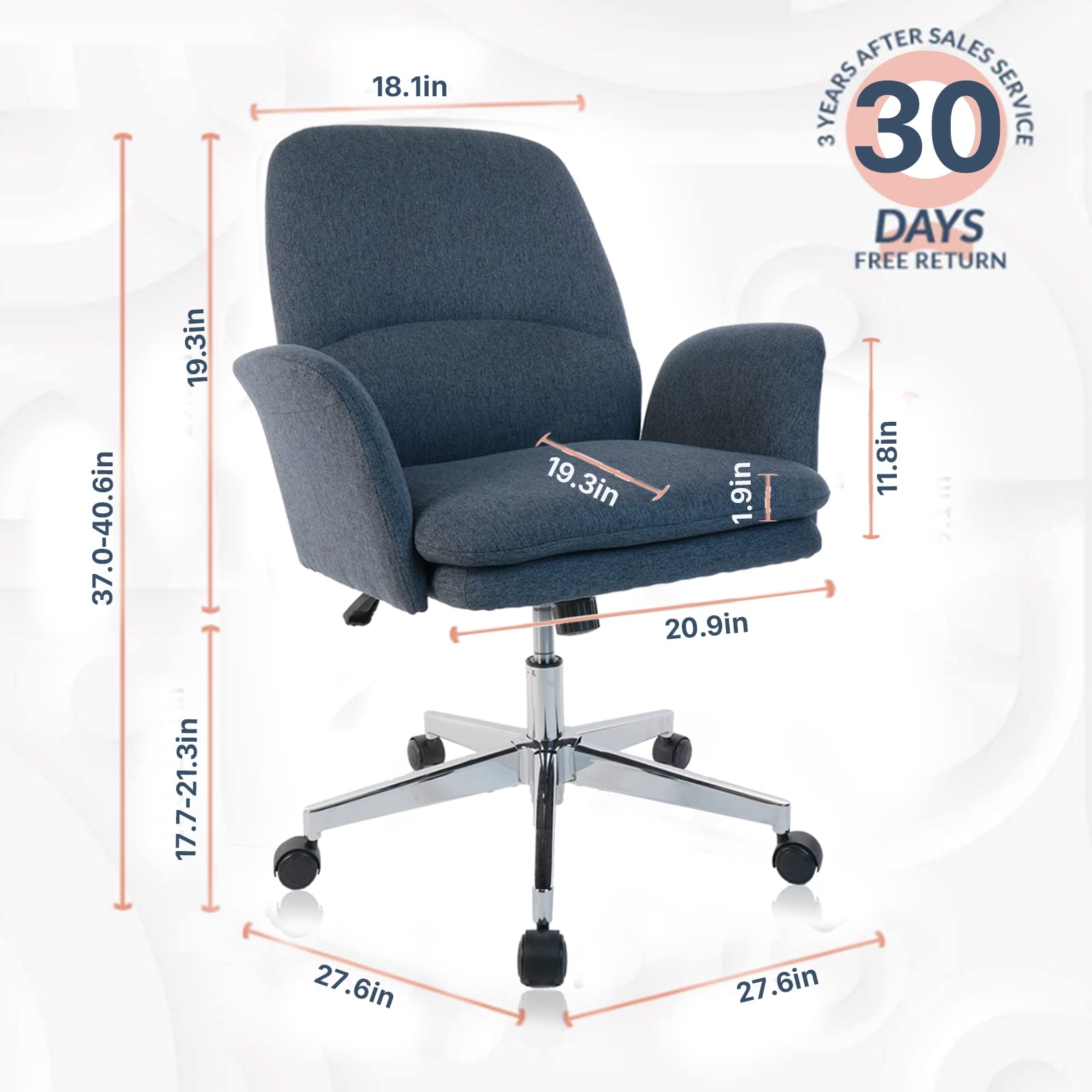 KLASIKA Home Office Chair Swivel Adjustable Rolling Ergonomic Mid Back Desk Chair with Upholstered Armrests Lumbar Support for Bedroom Living Room Studying Set of 2 Grey