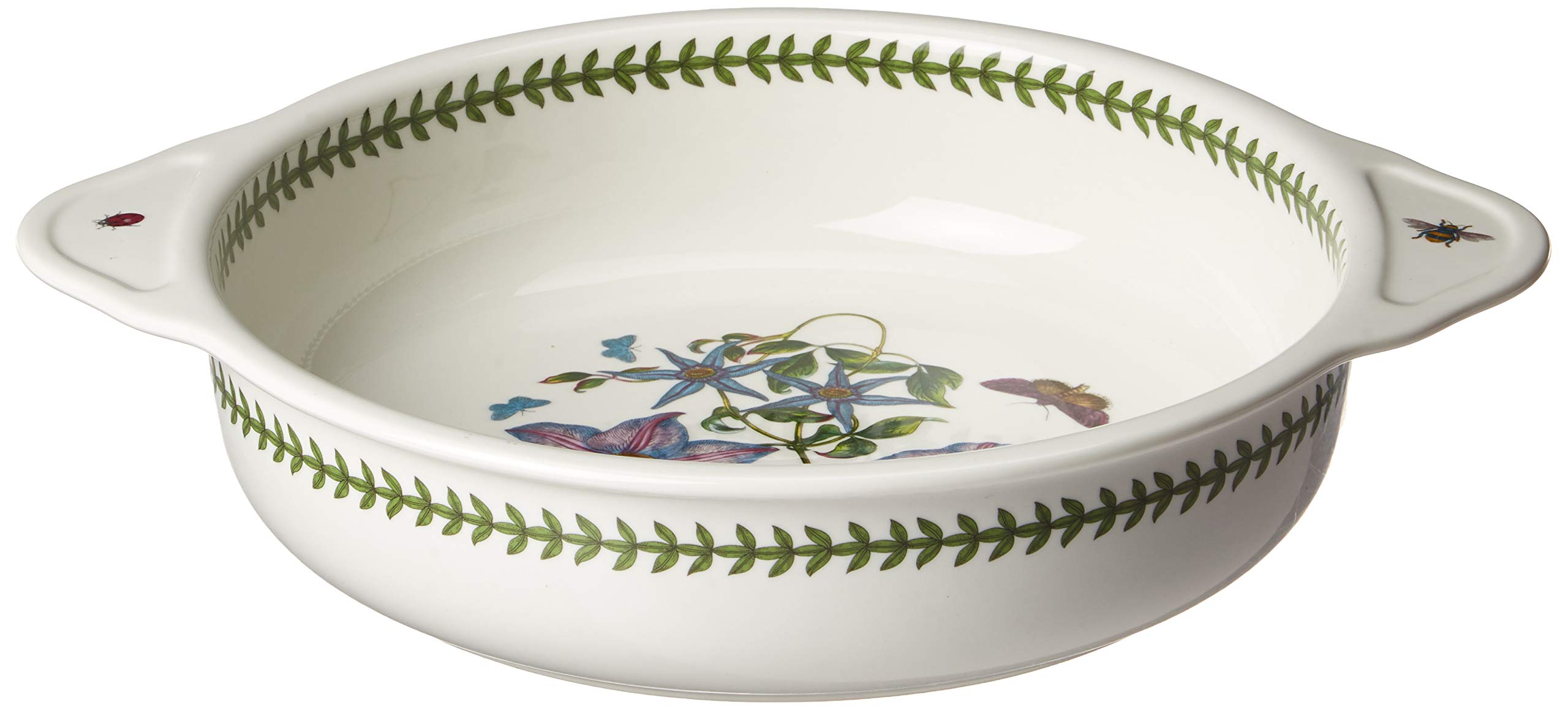Portmeirion Botanic Garden Round Baking Dish with Handles | 10 Inch Baking Dish with Clematis Motif | Made from Porcelain | Dishwasher and Microwave Safe