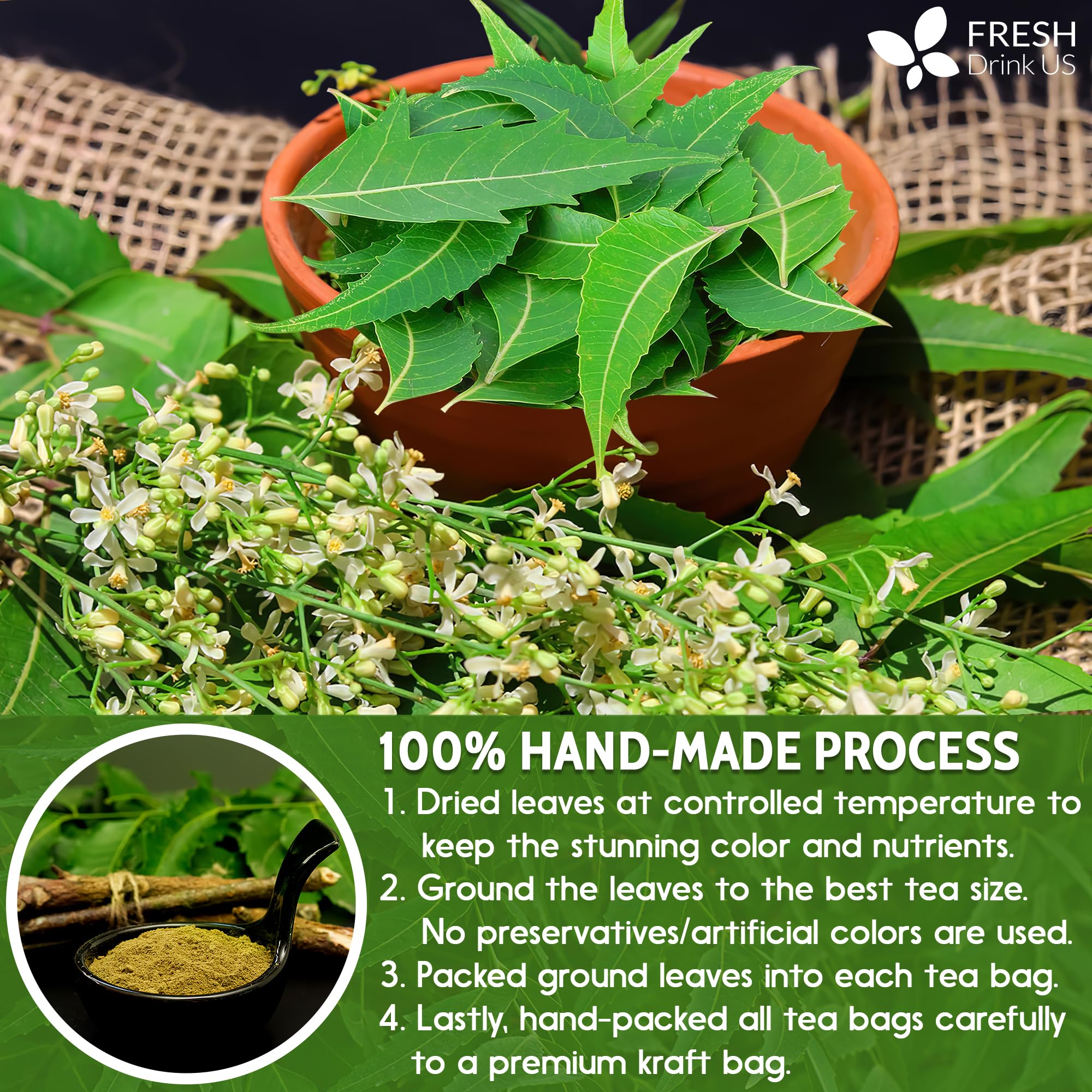 Premium 100 Neem Leaf Tea Bags, 100% Natural and Pure from Neem Leaves. Loose Leaf Neem Herbal Tea. Neem Leaf Tea. No Sugar, No Caffeine, No Gluten, Vegan.