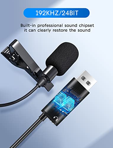 USB Lavalier Microphone, 6.6FT Onidirectional Condenser Lapel Mic with Headphones Jack for Audio Video Recording, YouTube, Interview, Tiktok, PC, Computer, Mac, Gaming, Podcasting, Live Streaming