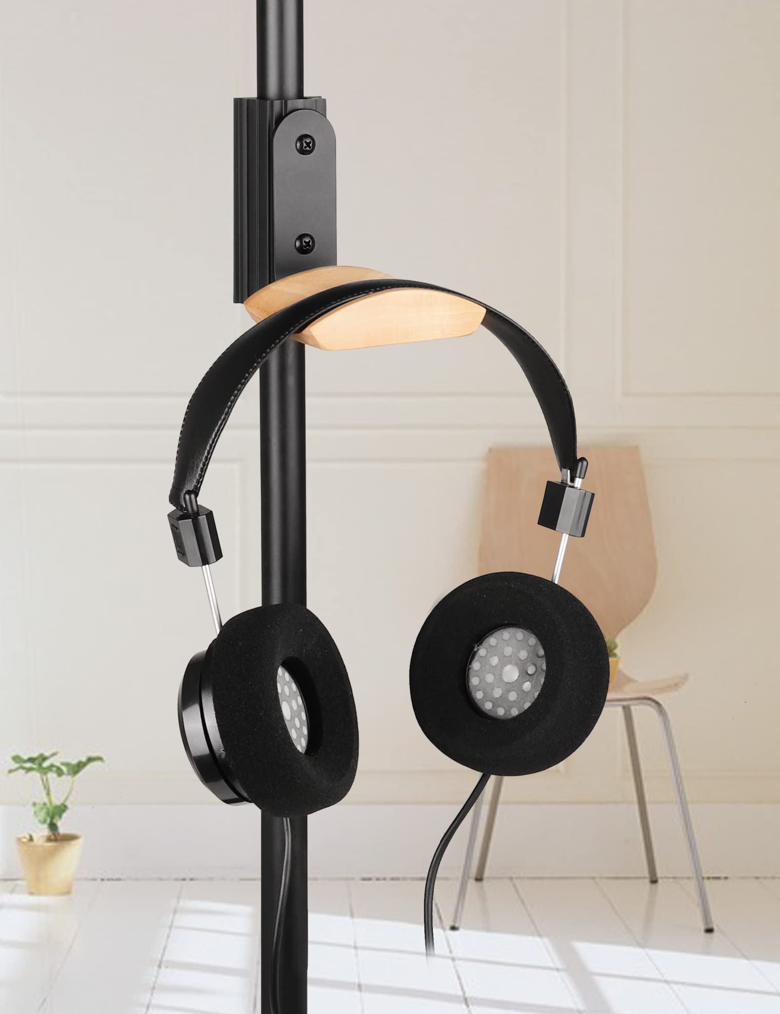 Mr.Power Universal Mic Stand Wooden Headphone Holder Headset Hanger on Microphone Stand for All Headphones Size