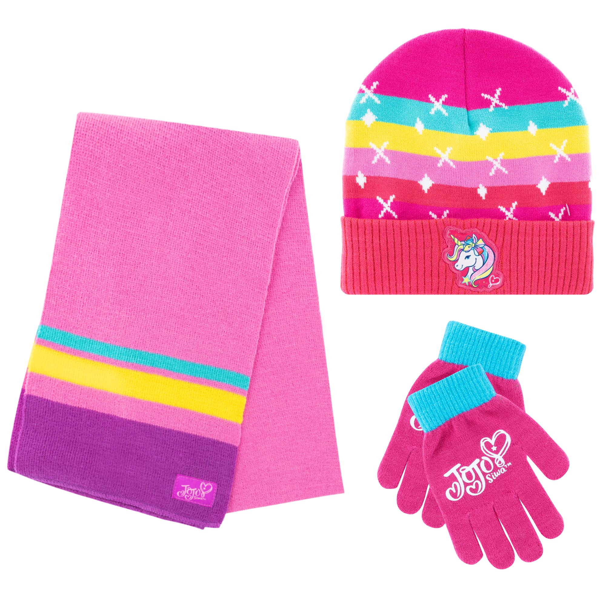 JoJo Siwa Kid’s Winter Hat, Scarf, and Snow Gloves, 3 Pc. Set, Soft and Warm Pom-Pom Beanie with Big Bow