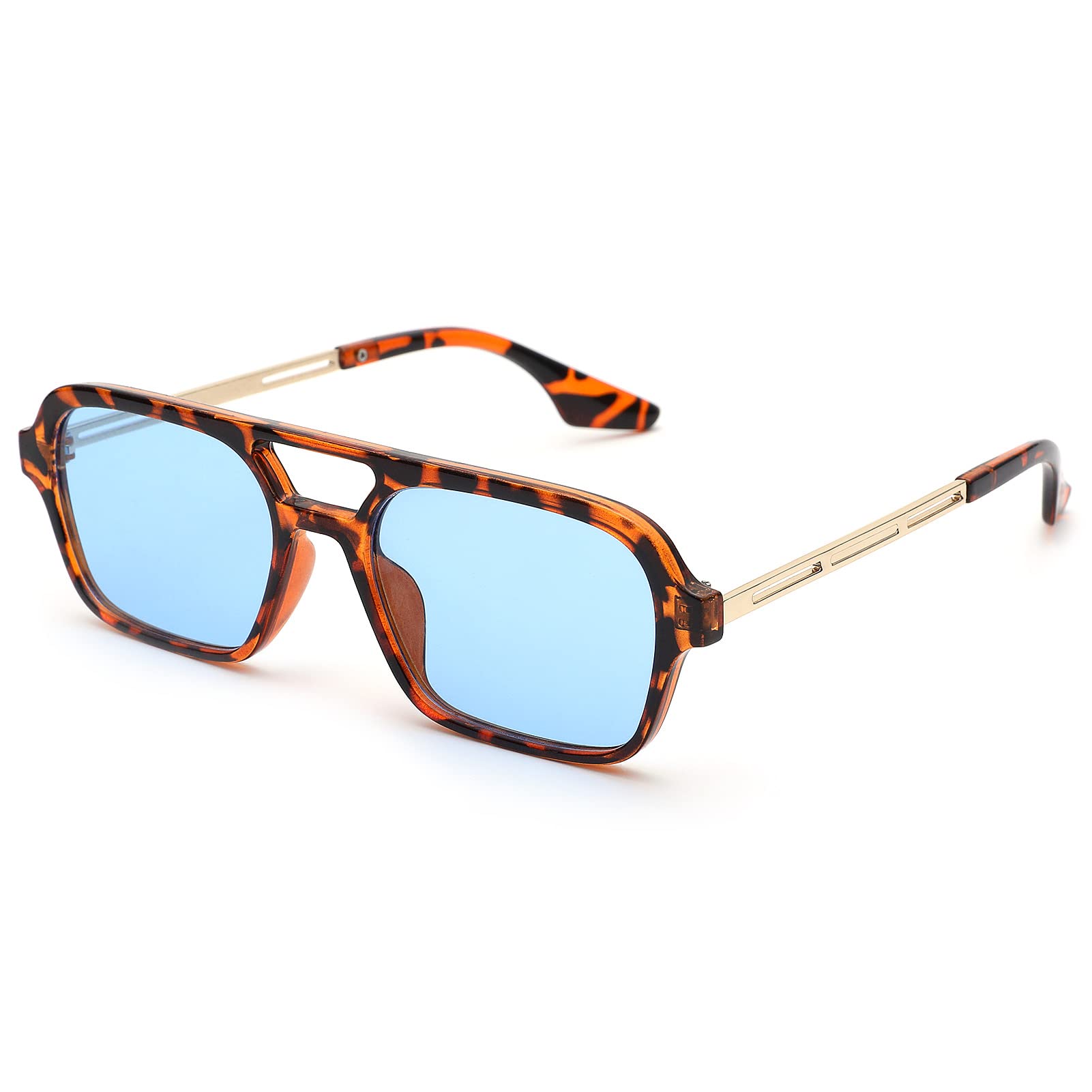 Pro Acme Vintage 70s Flat Pilot Sunglasses for Women Men, Small Frame Rectangular Glasses UV400 Protection Shades (Leopard Frame | Blue Lens)