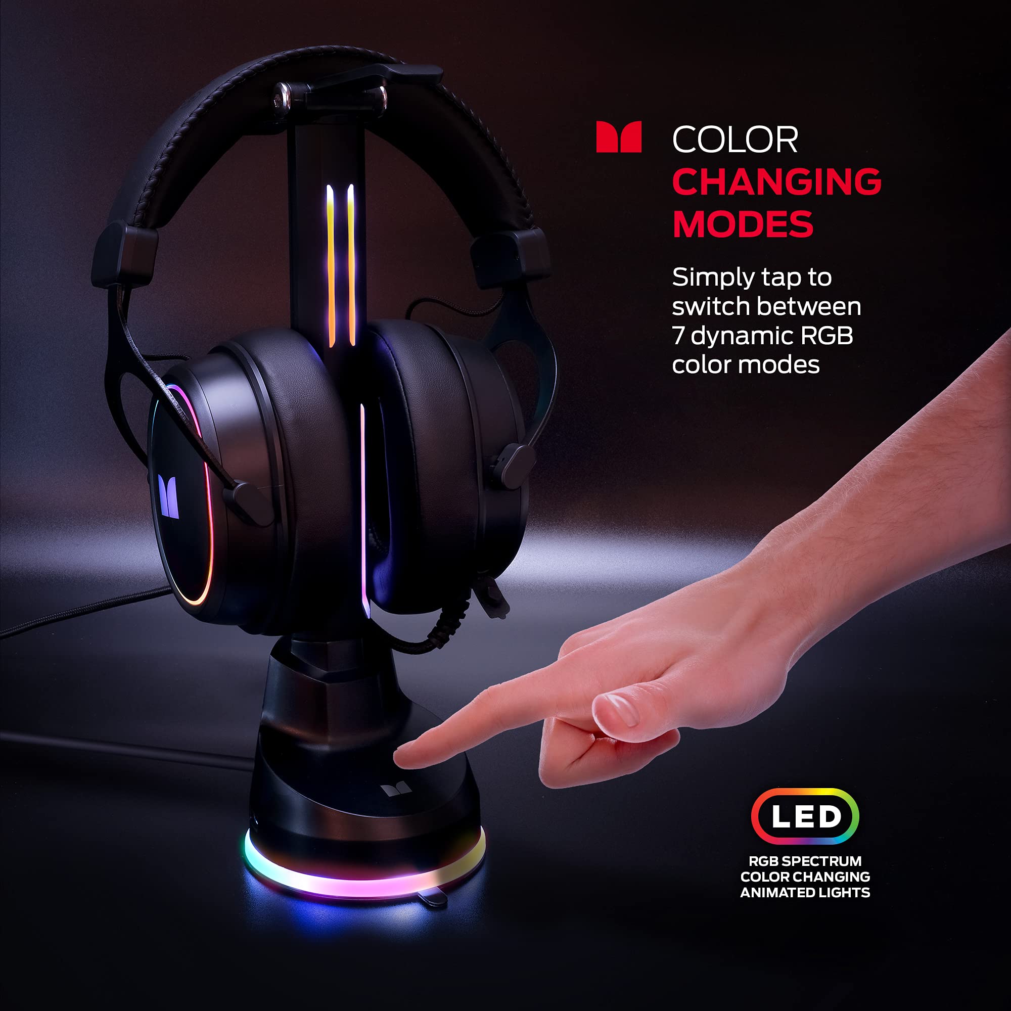 Monster Dual Gaming Headset Stand with 4 USB 3.0 Ports, and RGB Changing LED Effects, for Wired or Wireless Headphones, Black (2MNGH0167B0E2)