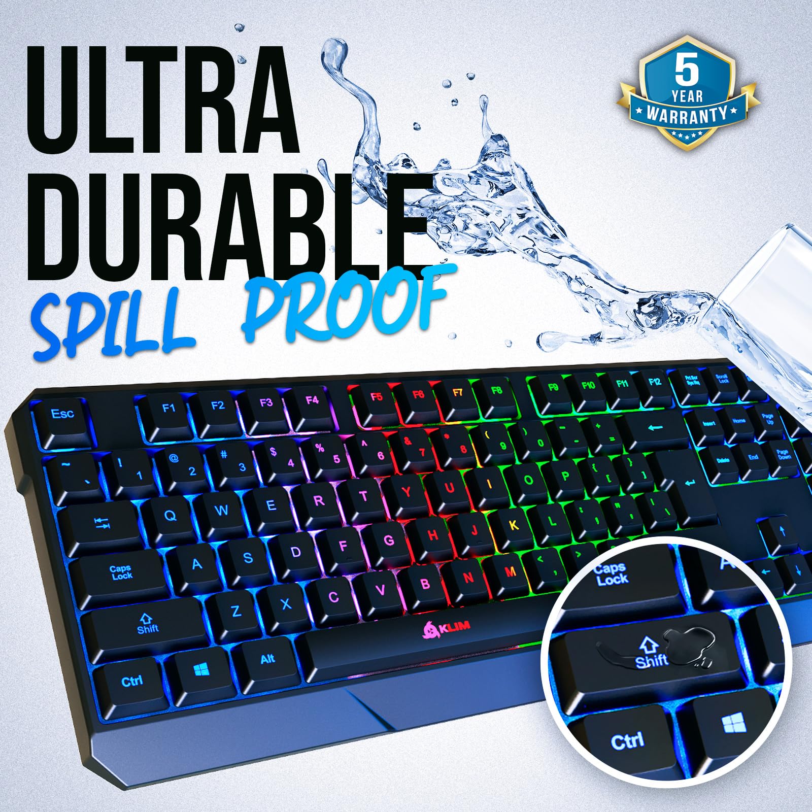 KLIM Chroma Gaming Keyboard Wired USB - New 2024 - Durable Ergonomic Waterproof Silent Backlit - Ideal for Gaming and Office - Teclado Gamer - 2 ms Response Time - PC Laptop Mac PS4 PS5 - Black