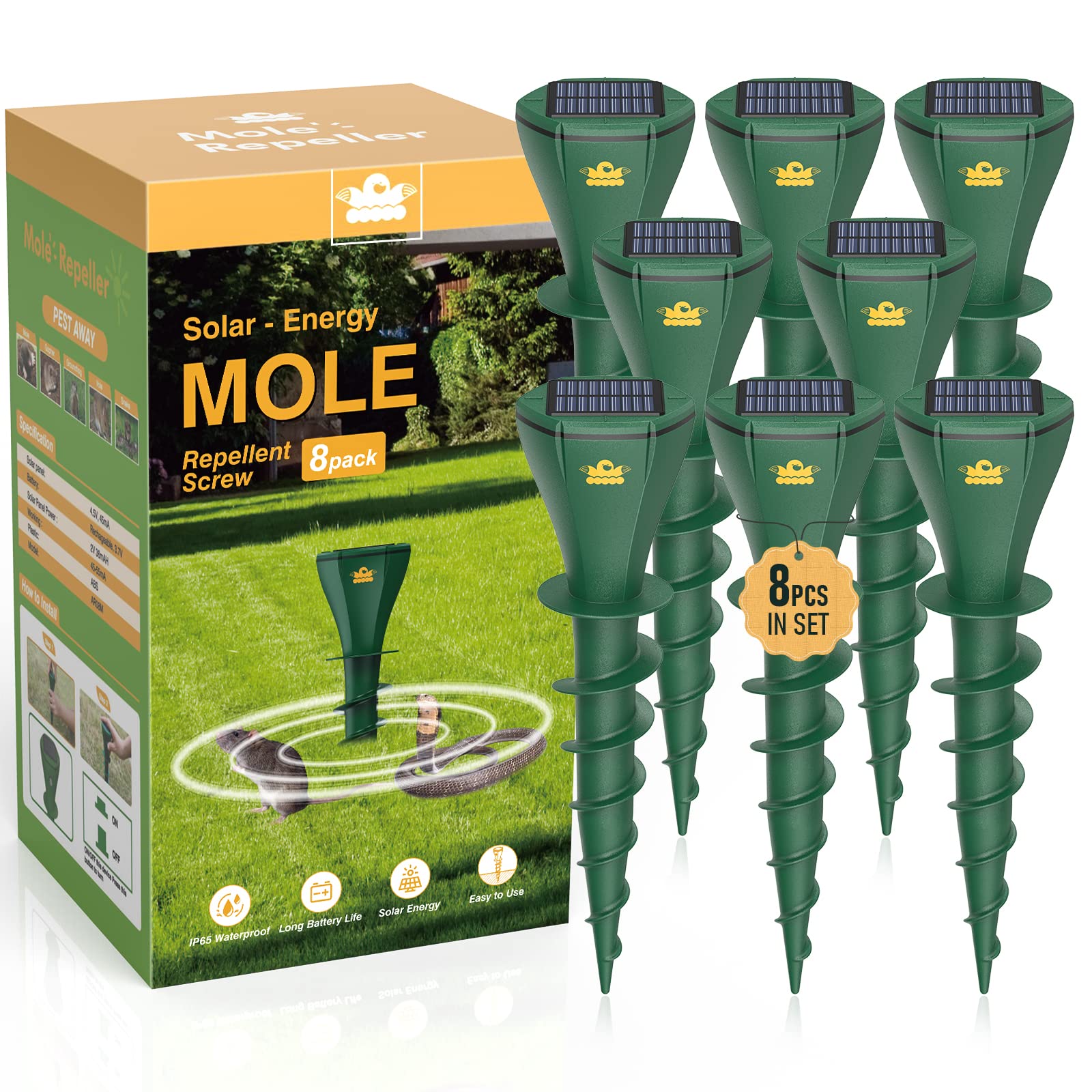 Thcritter 8PCS Mole Repellent Solar Powered, 3 Modes, Repels Moles, Gophers, Snakes and Voles by Vibrating and Varying The Sonic at 2 Minute intervals.