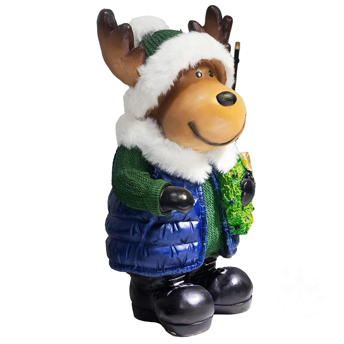 Mark Feldstein & Associates Merry Moose Holding Lantern Natural Brown 17 inch Resin Stone Christmas Door Greeter Figurine