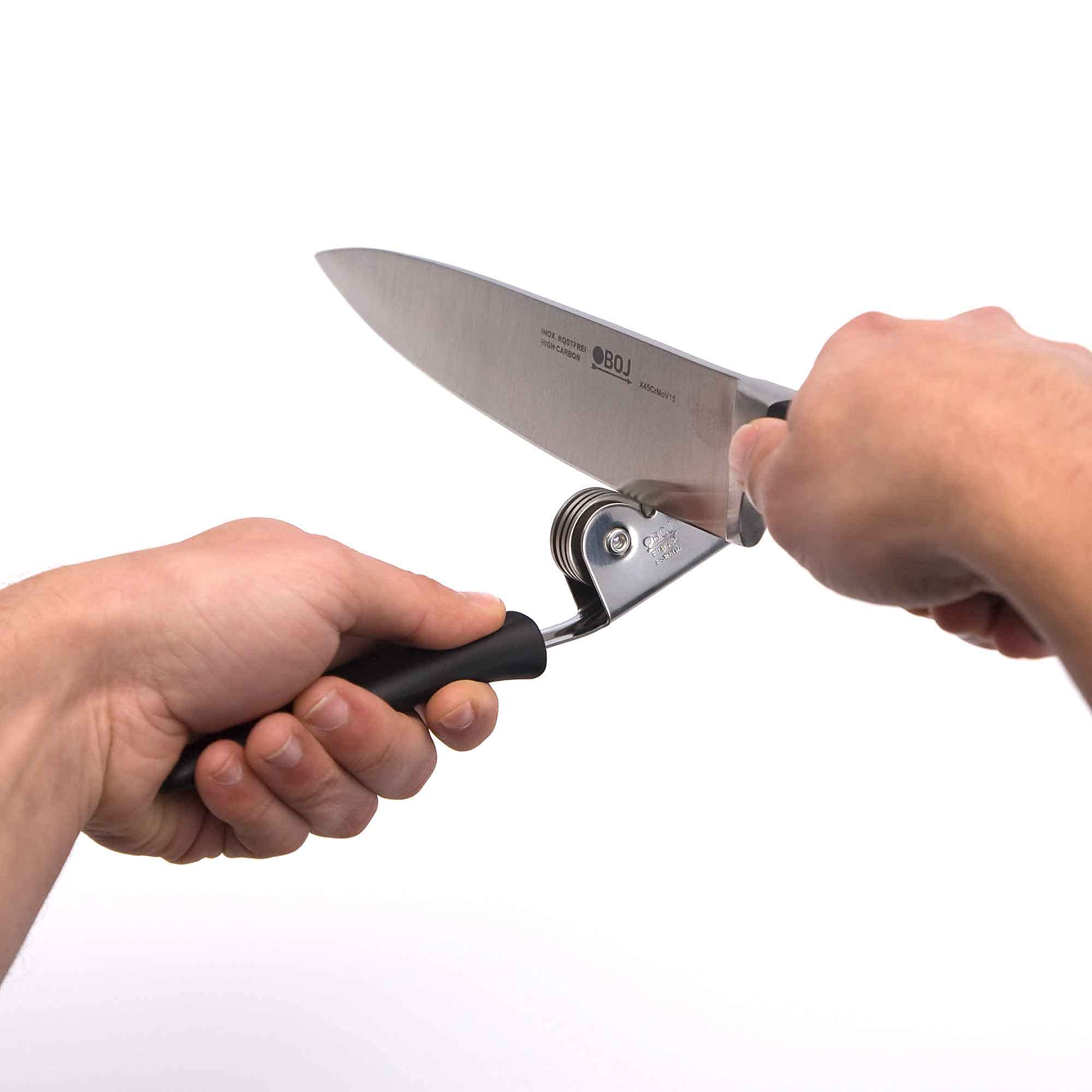Knife Sharpener BOJ with Ergonomic Handle and Wheel Sharpening System - Repair and Restore Knives