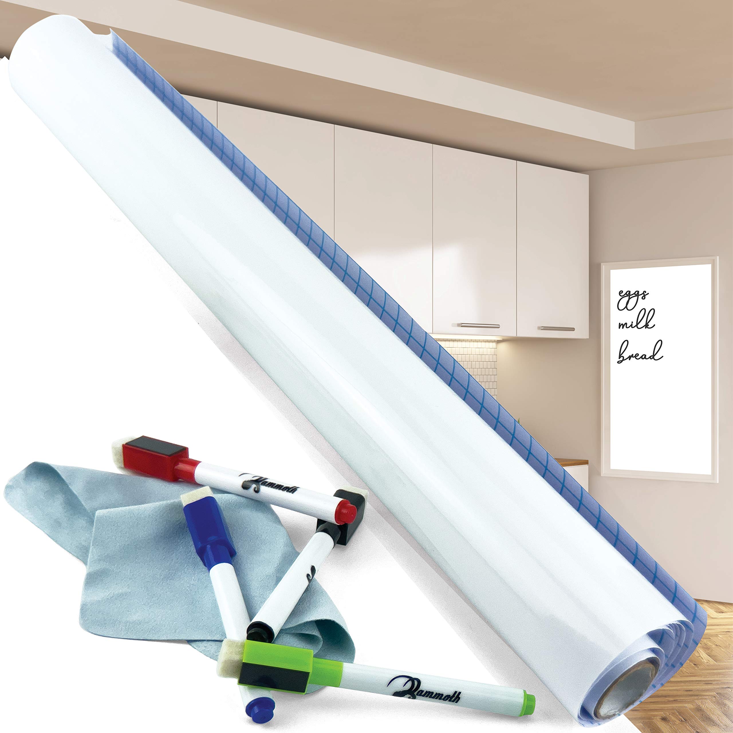Mammoth Adhesive Whiteboard Wall Sticker Kit with 4 Dry Erase Marker Pens and Cleaning Cloth (9.8' x 1.5')