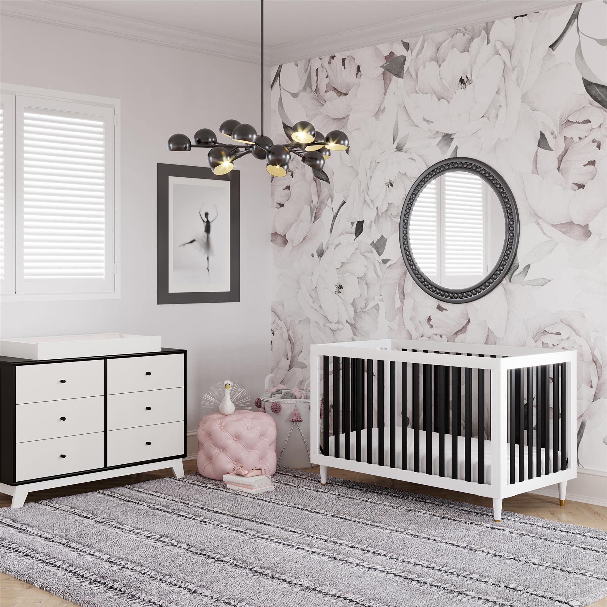 Little Seeds Rowan Valley Flint 3-in-1 Crib, White/Black with Wood Leg