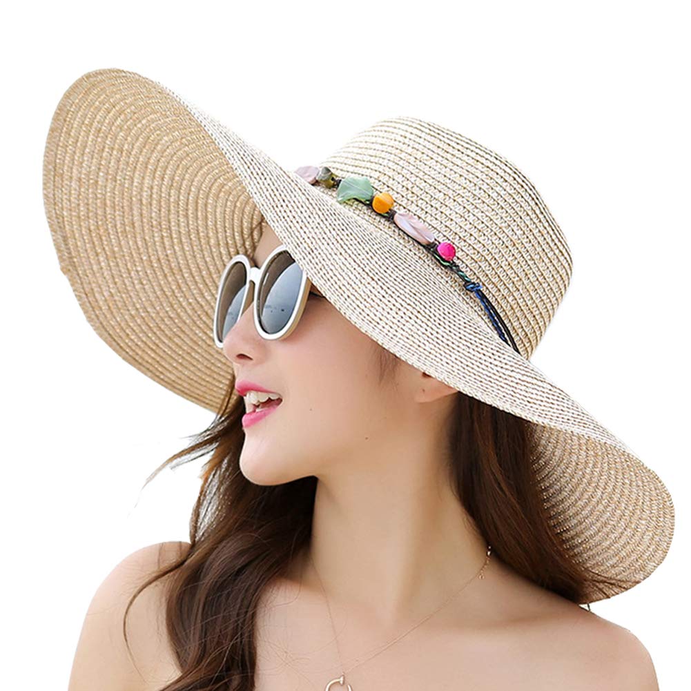 MYSNKU Womens Big Bowknot Straw Hat Large Floppy Foldable Roll up Beach Cap Sun Hat Summer UV Protection Beach Cap (Beige)