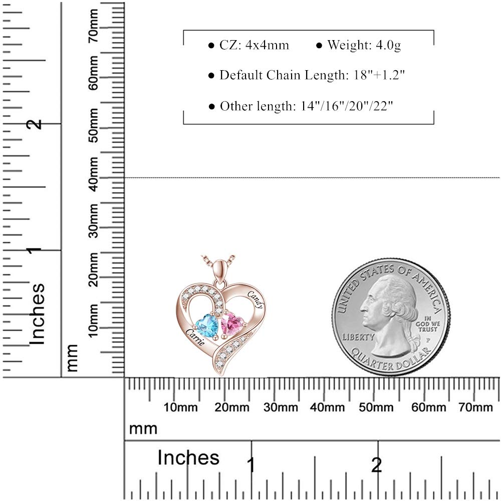 MissNity Sterling Silver Personalized 2 Heart Simulated Birthstone Engraved Names Necklace for Women Mother Pendant Jewelry (Silver - Box chain (CZ))