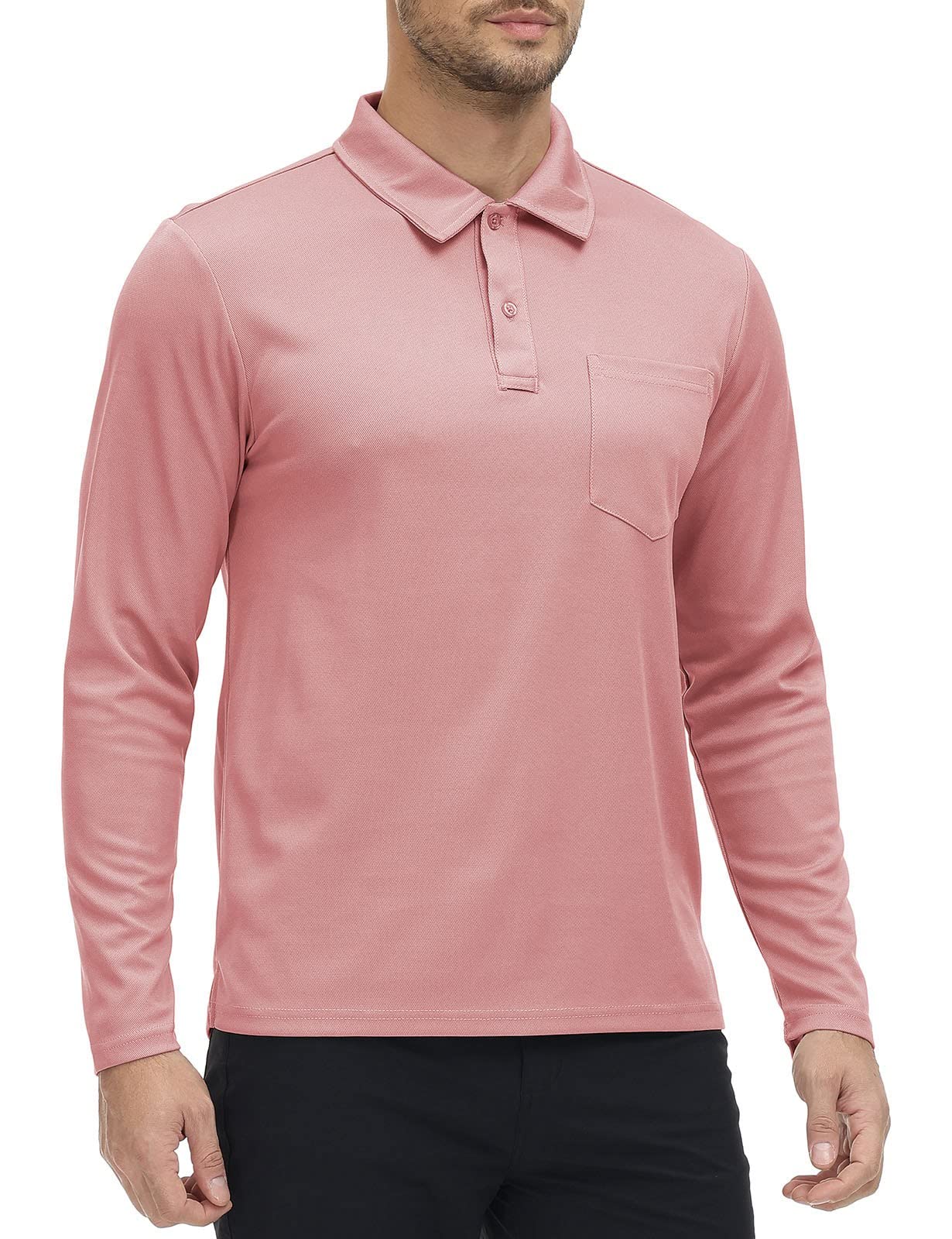 Rdruko Men's Long Sleeve Shirts with Pocket Quick Dry Outdoor Sports Polo(Pink, US M)