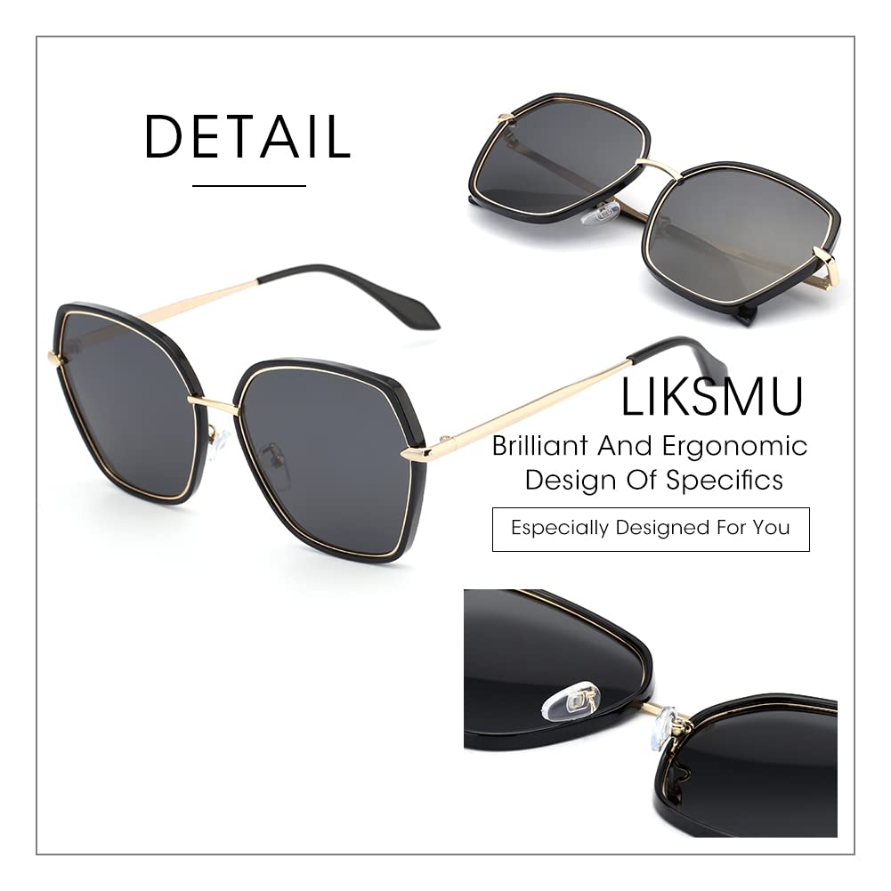LIKSMU Oversized Polarized Sunglasses for Women Polarized UV Protection Designer Fashion Black Square Big Sun Glasses Black