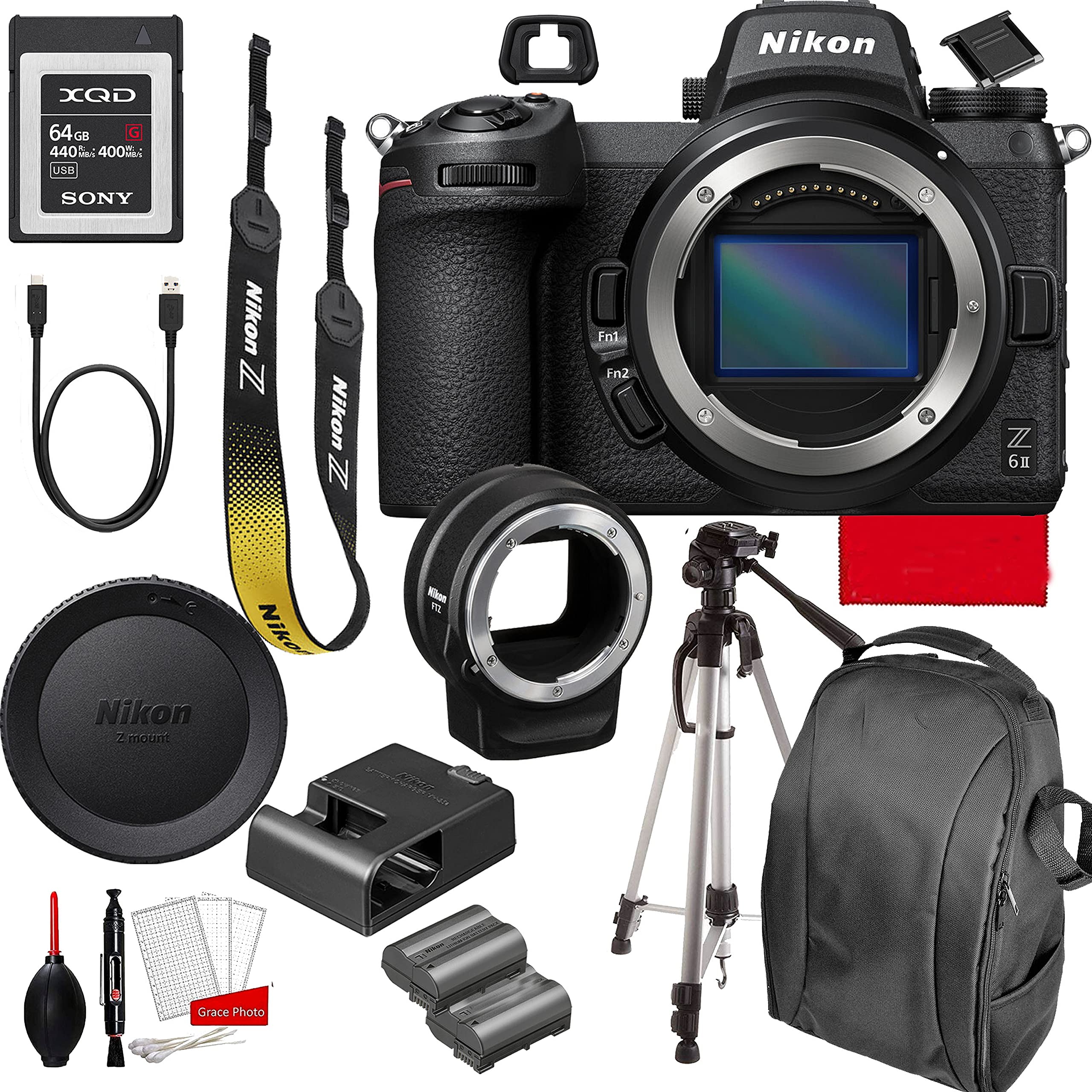 Nikon Z6II Mirrorless Digital Camera 24.5MP (Body Only)+ FTZ Mount Adapter 64GB G Series XQD Memory Card +Accessory Bundle (20 Pieces)