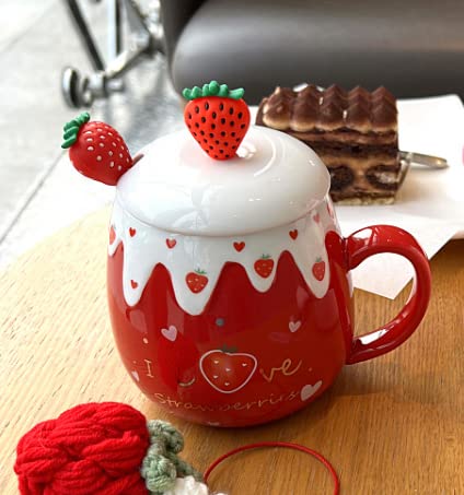 Mozacona Ceramic Mug Strawberry Love Coffee Cup Water Cup with Strawberry Lid and Spoon