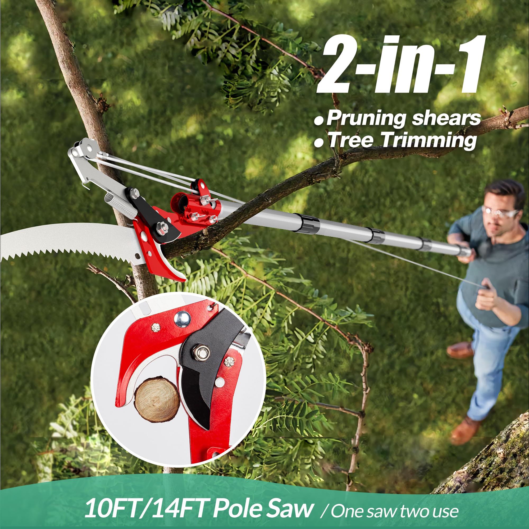 Suchtale 14ft Pole Saw, Manual Tree Pruner with Sharp Steel Blade, Trimmer with Scissors and High Strength Lightweight Handles for Pruning High Branches, Shrubs and Twigs at Forest Yard Garden Patios