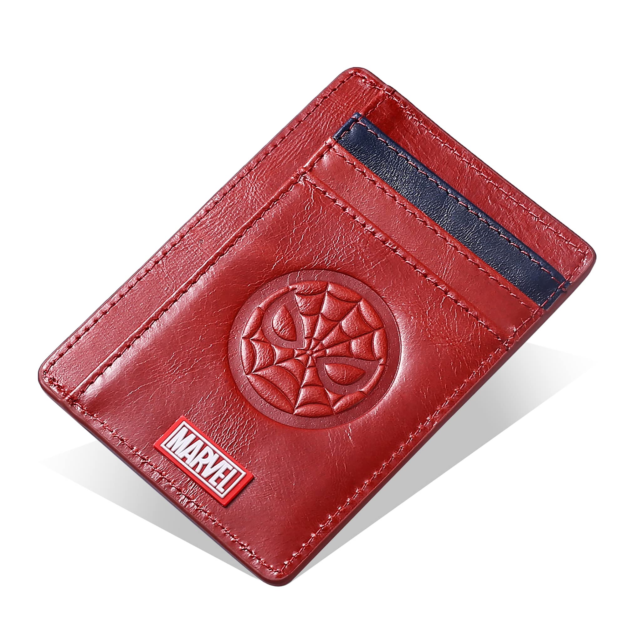 NARYM Genuine Leather Wallet with Spider-Man Character, Slim Minimalist Leather Front Pocket RFID Blocking Wallets for Men Women, Spider-Man, Red