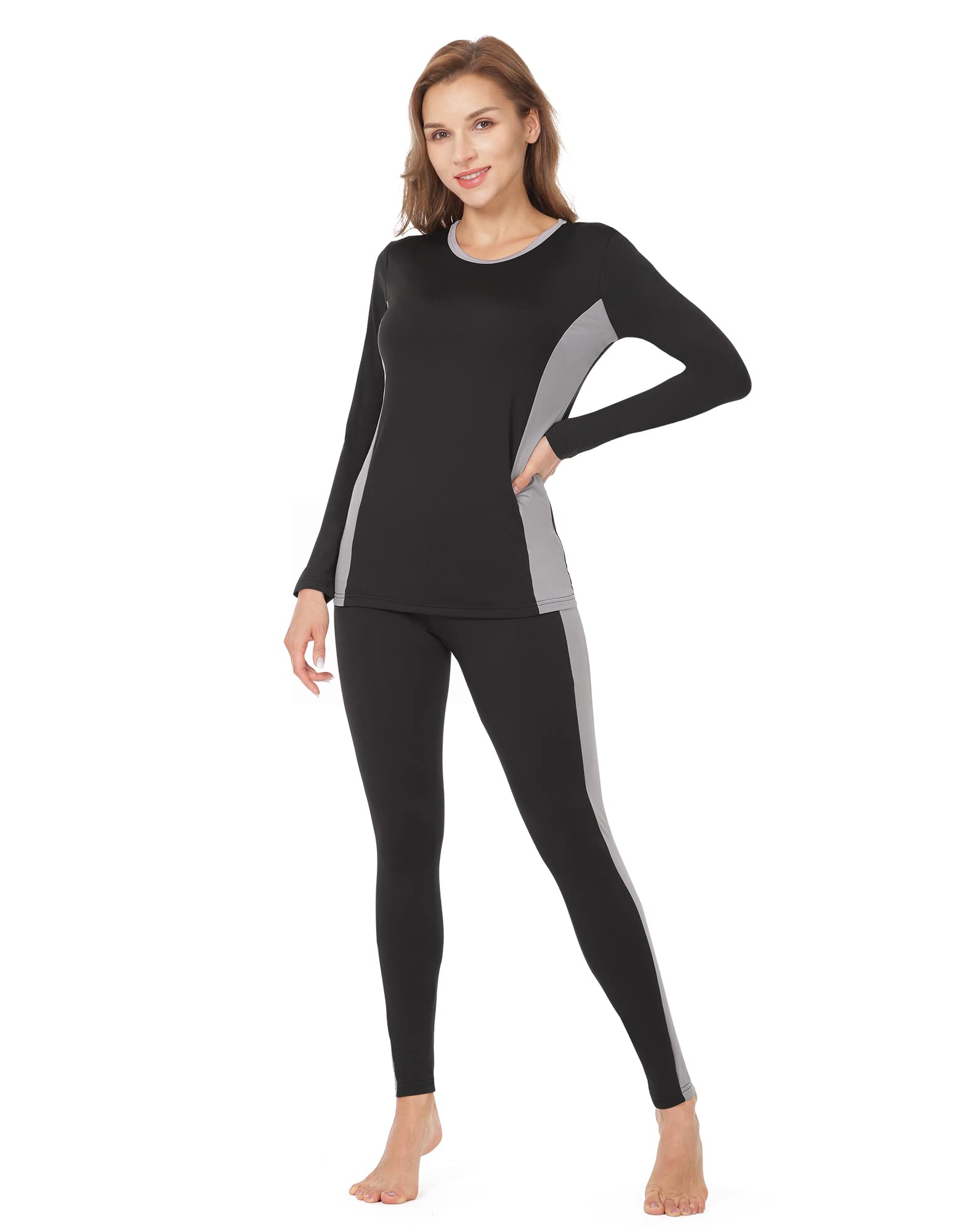 MANCYFIT Thermal Underwear for Women Long Johns Fleece Lined Base Layer Women Cold Weather Black and Grey Large