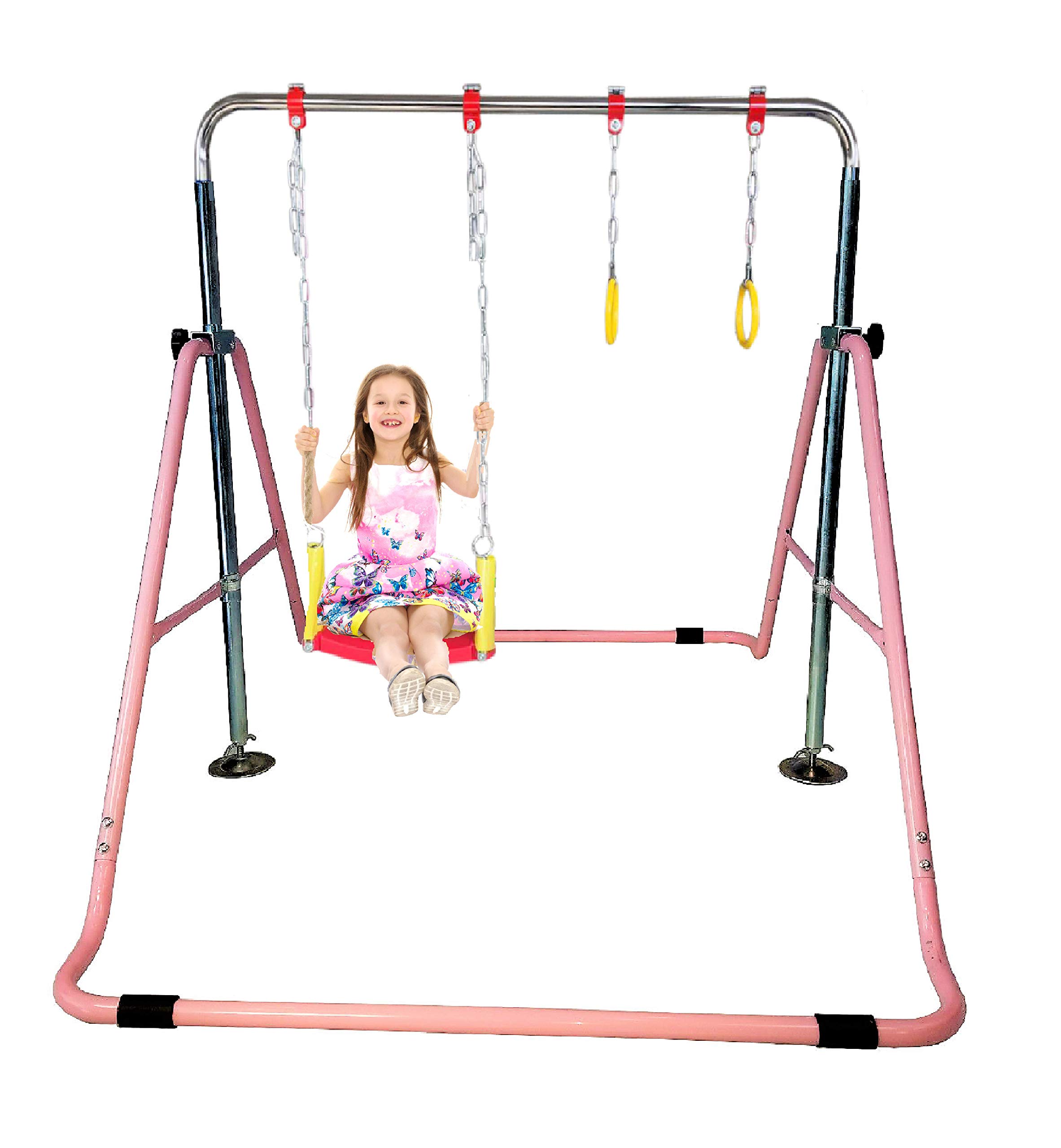 Kids Jungle Gymnastics Expandable Junior Training Monkey Horizontal Bars Climbing Tower Child Play Pink Training Pull Up Gym + Swing Seat + Trapeze Rings.Set