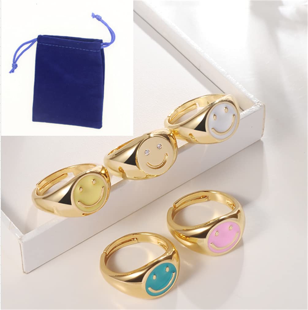 NC 5 Pcs Gold Plated Smiling Face Rings 5 Colors Y2K Cute Ring Adjustable Opening Ring Environment Friendly and Harmless