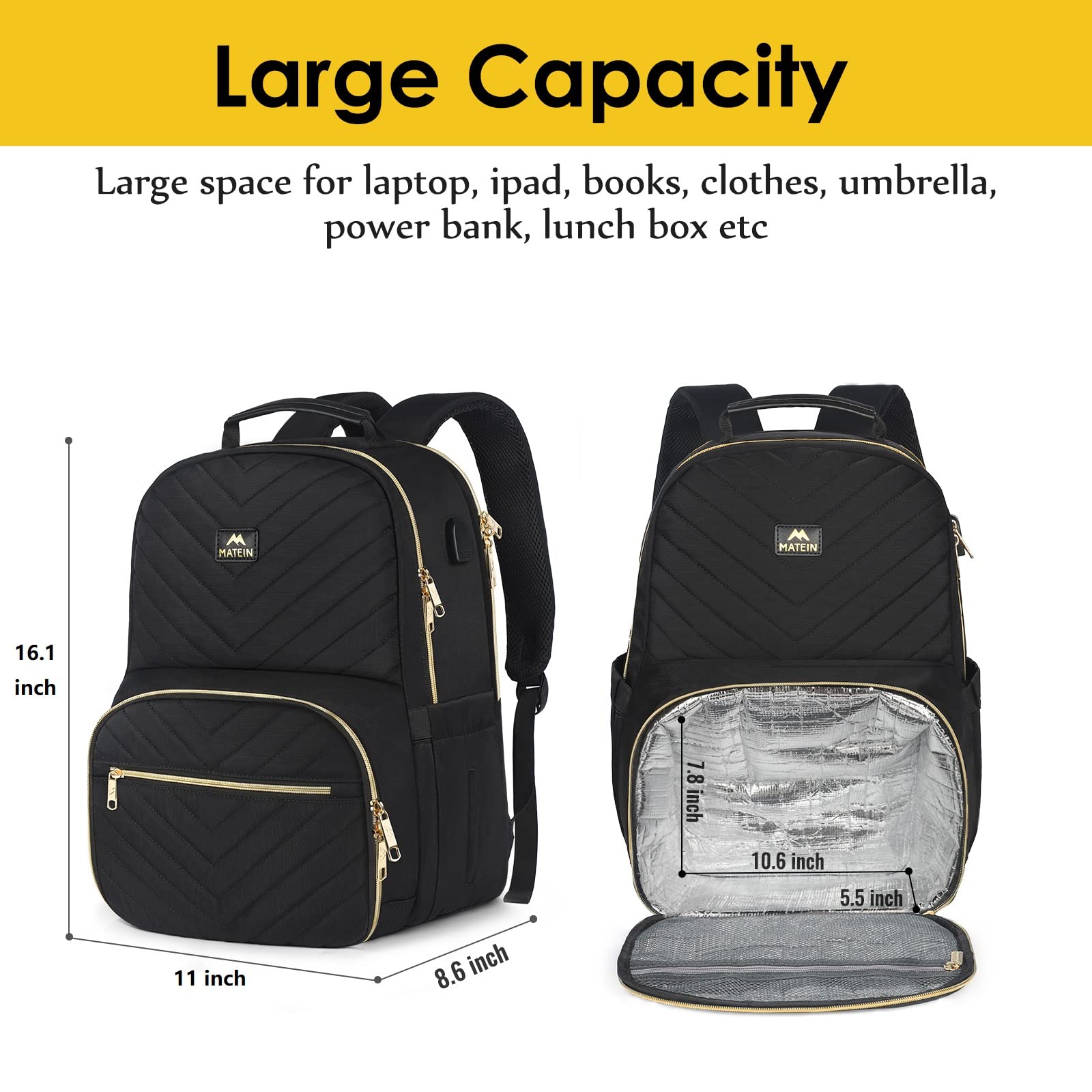MATEIN Backpack Purse for Women, 15.6 Inch Convertible Leather Laptop Backpack with USB Charging Port, Lunch Backpack for Women, Water Resistant Insulated Cooler Laptop Backpack for Work Pincic