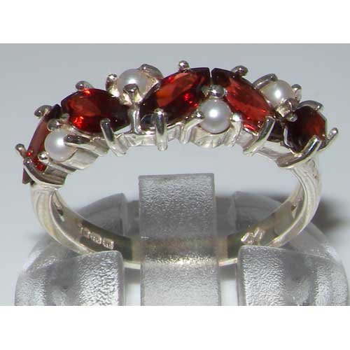 LetsBuyGold 925 Sterling Silver Real Genuine Garnet & Cultured Pearl Womens Eternity Engagement Ring - Size 6