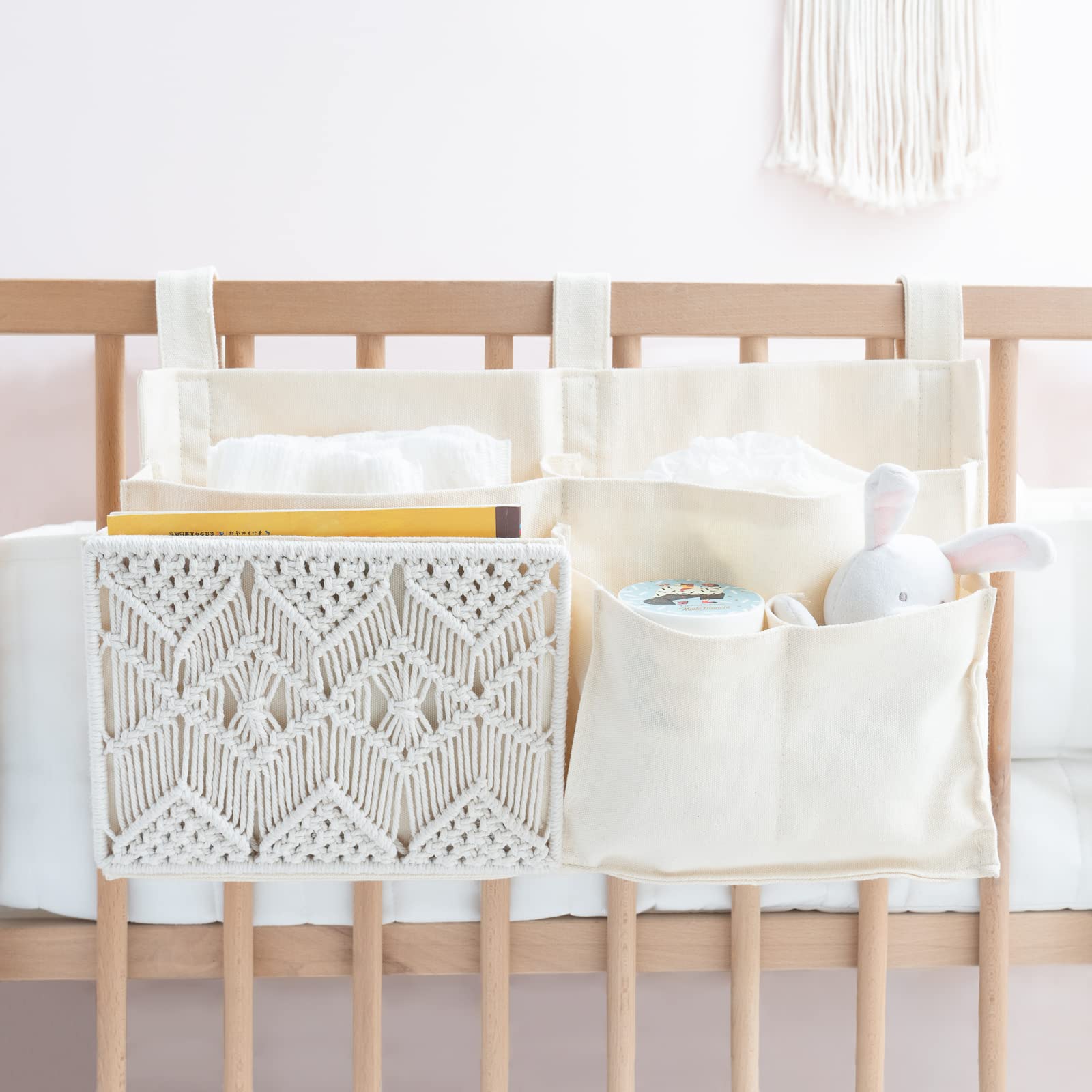 Mkono Bedside Caddy Hanging Organizer, Bunk Woven 7 Pockets Bed Storage Bag Boho Remote Magazine Books Holder with Macrame for Loft Bed College Dorm Bedroom Baby Bed Rails, Ivory