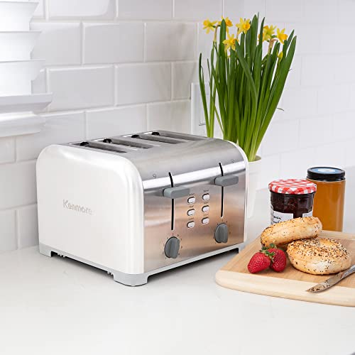Kenmore 4-Slice Toaster, White Stainless Steel, Dual Controls, Extra Wide Slots, Bagel and Defrost Functions, 9 Browning Levels, Removable Crumb Trays, for Bread, Toast, Muffin, Toaster Strudelā¦