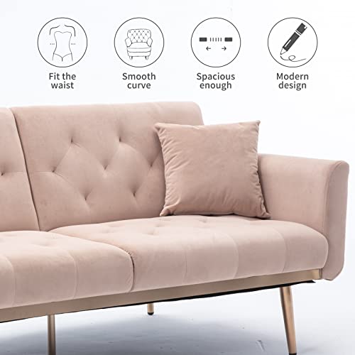 Velvet Futon Sofa Bed,Convertible Sofa Bed with Adjustable Backrest, Modern LoveSeat Sofa Couch for Living Room,Bedroom,Office(Pink)