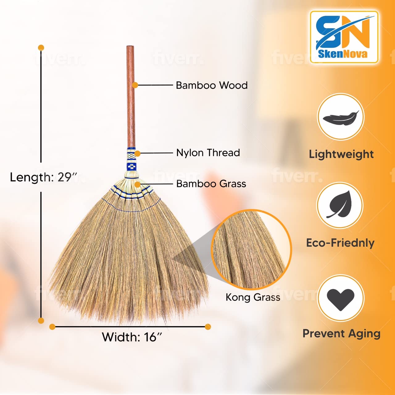 SN SKENNOVA - 28-inch of Short Asian Broom Whisk Broom Thai Natural Grass Broom Solid Wood Handle for RV's Tent Camping
