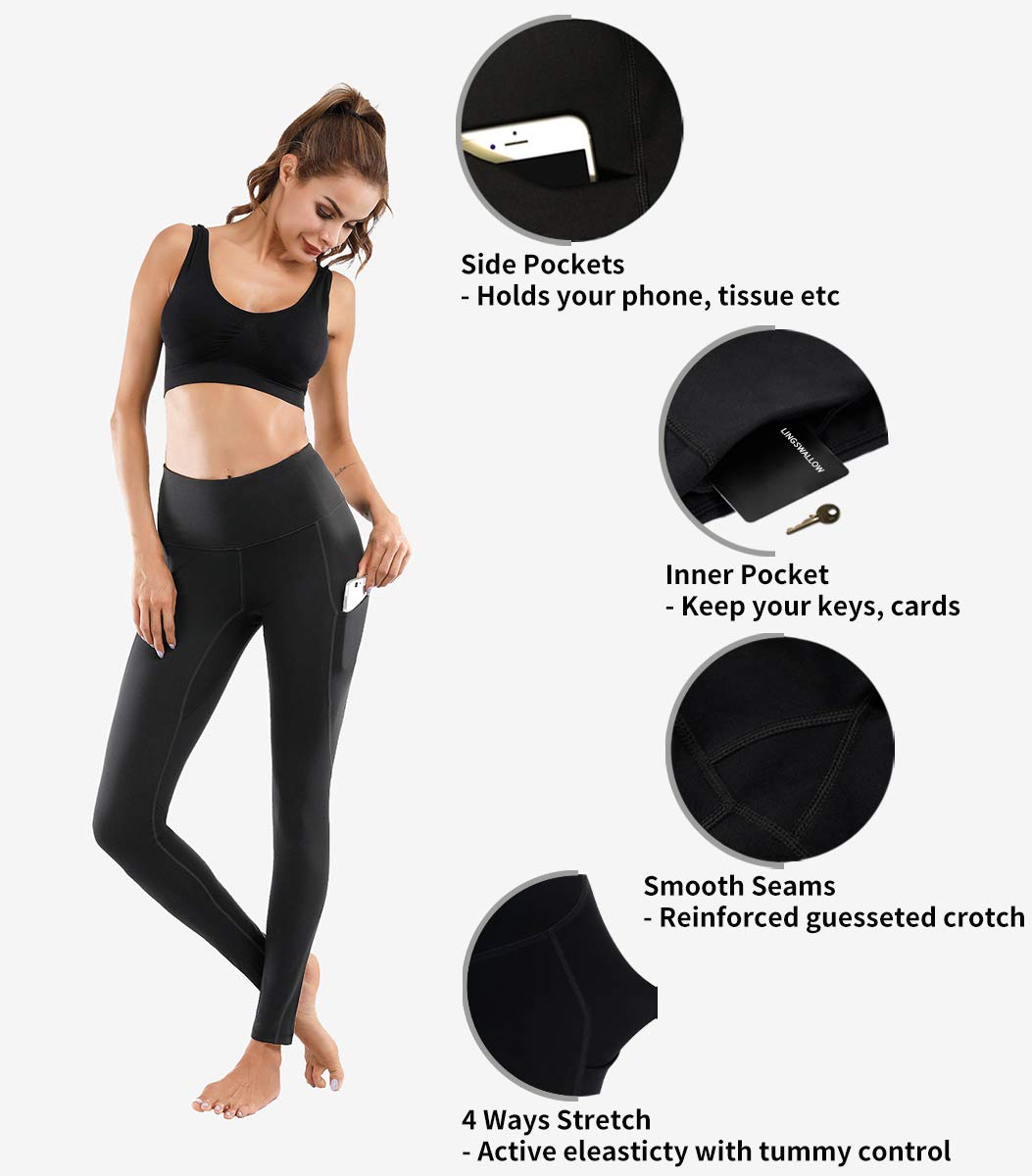 Lingswallow High Waist Yoga Pants - Yoga Pants with Pockets Tummy Control, 4 Ways Stretch Workout Running Yoga Leggings (Black, Medium)