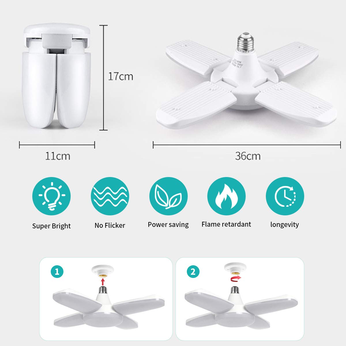 LED Garage Light,60W 6000LM Garage Ceiling Lights with 4 Adjustable Panels,E26 Deformable Super Bright Working LED Daylight White Light Bulbs,Shop Lights for Workshop, Barn, Warehouse,Basement