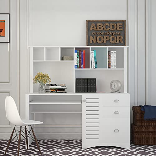 Ucloveria Computer Desk with Hutch,Home Office Wood Executive Desk with Drawers,Open Shelf,Writing Laptop Table with Keyboard Tray,File Cabinet Computer Desk for Bedroom,White