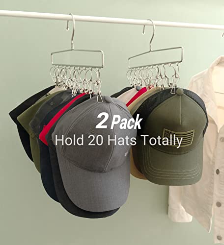 Mkono Hat Organizer Hanger for Closet Set of 2 Baseball Cap with 20 Clips Stainless Steel Rack Holder Caps, Silver Hangers Organizer, Fits All Pieces