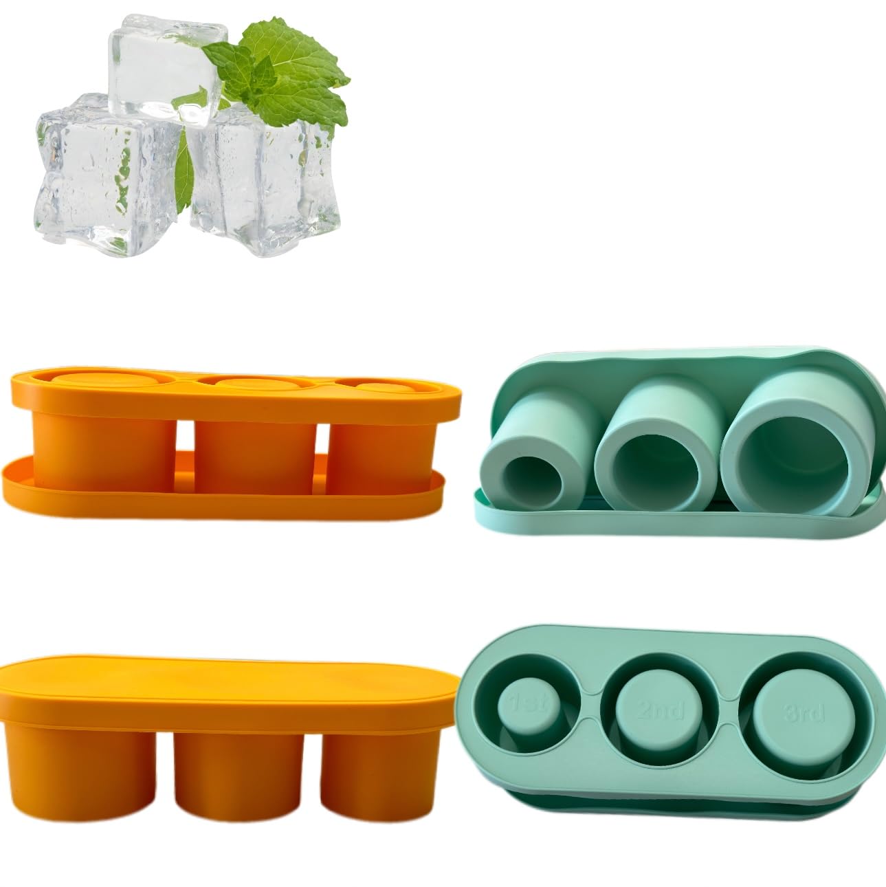 TAYASH Silicone Ice Cube Tray with Lid for 20-40 oz Tumblers,3 in 1 Silicone Ice Cube Molds With Lid and Bin,Summer Ice Cube Trays for Chilling Cocktails, Whiskey (Size : Green)