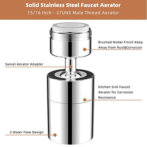 Sink Faucet Aerator, 360 ° Swivel Bathroom Faucet Aerator, Dual Function Kitchen Faucet Aerator,Big Angle High Pressure Large Flow Aerator,Polished Chrome-15/16 Inch-27UNS Male Thread