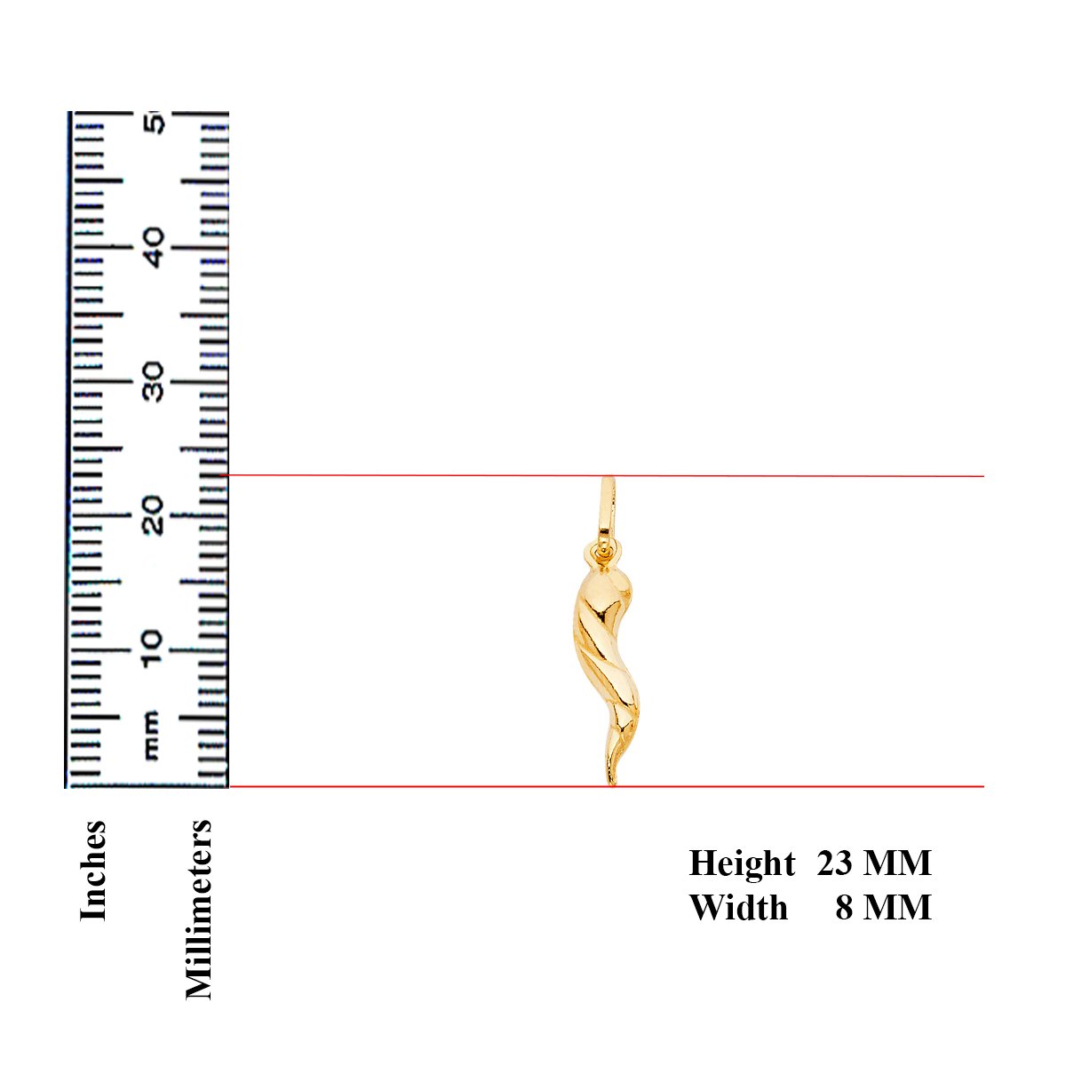 Italian Horn Pendant, 23x8 mm 14k Yellow Gold Twisted Cornicello Necklace, High Polished, Good Luck Charm