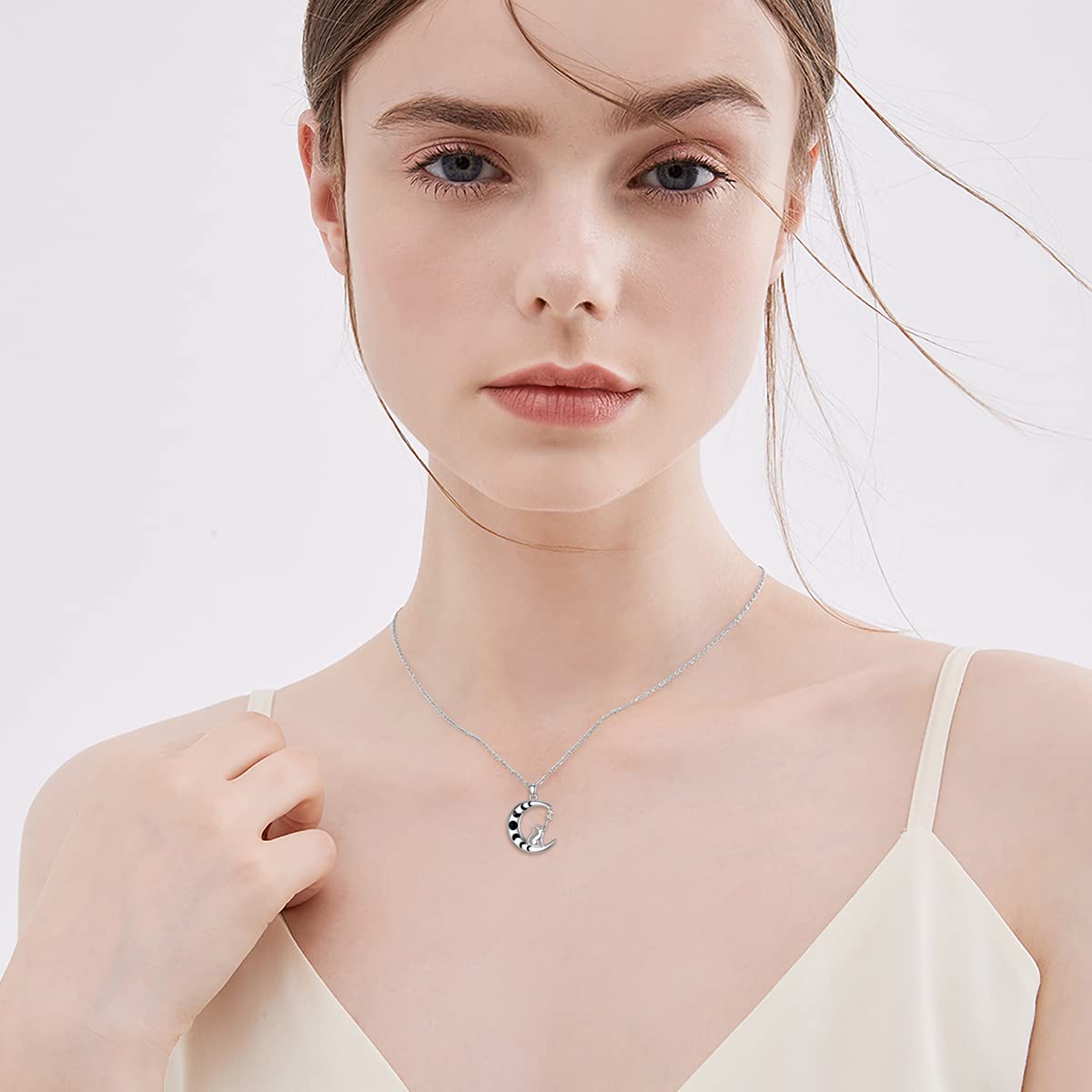 PROESS Sterling Silver Cat Necklace Moon Phase Cat Pendant Wicca Cat Jewelry Gift for Women and Cat Lovers