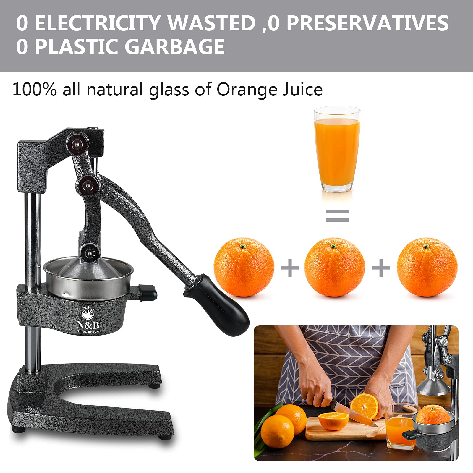N&B NICE&BRAVO Professional Commercial Grade Hand Juicer,Manual Citrus Press Orange Squeezer Heavy Duty Manual Orange Juicer Metal Lemon Squeezer Premium Quality Upgrade,Grey