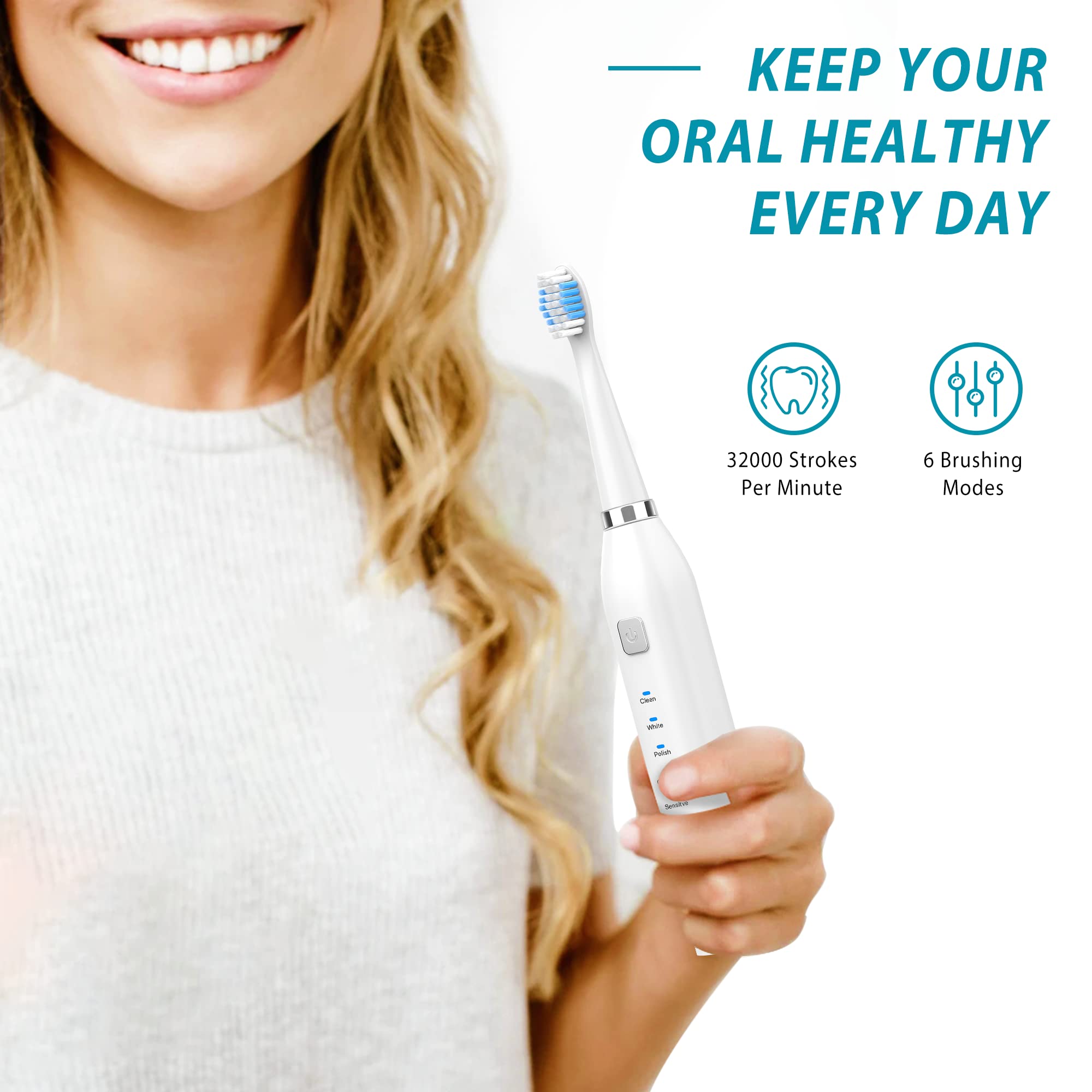 VDTG 2pcs White Electric Toothbrush, Adult Rechargeable Toothbrush, 6 Optional Modes and 2-Minute Built-in Timer, Waterproof Function, USB Fast Charging