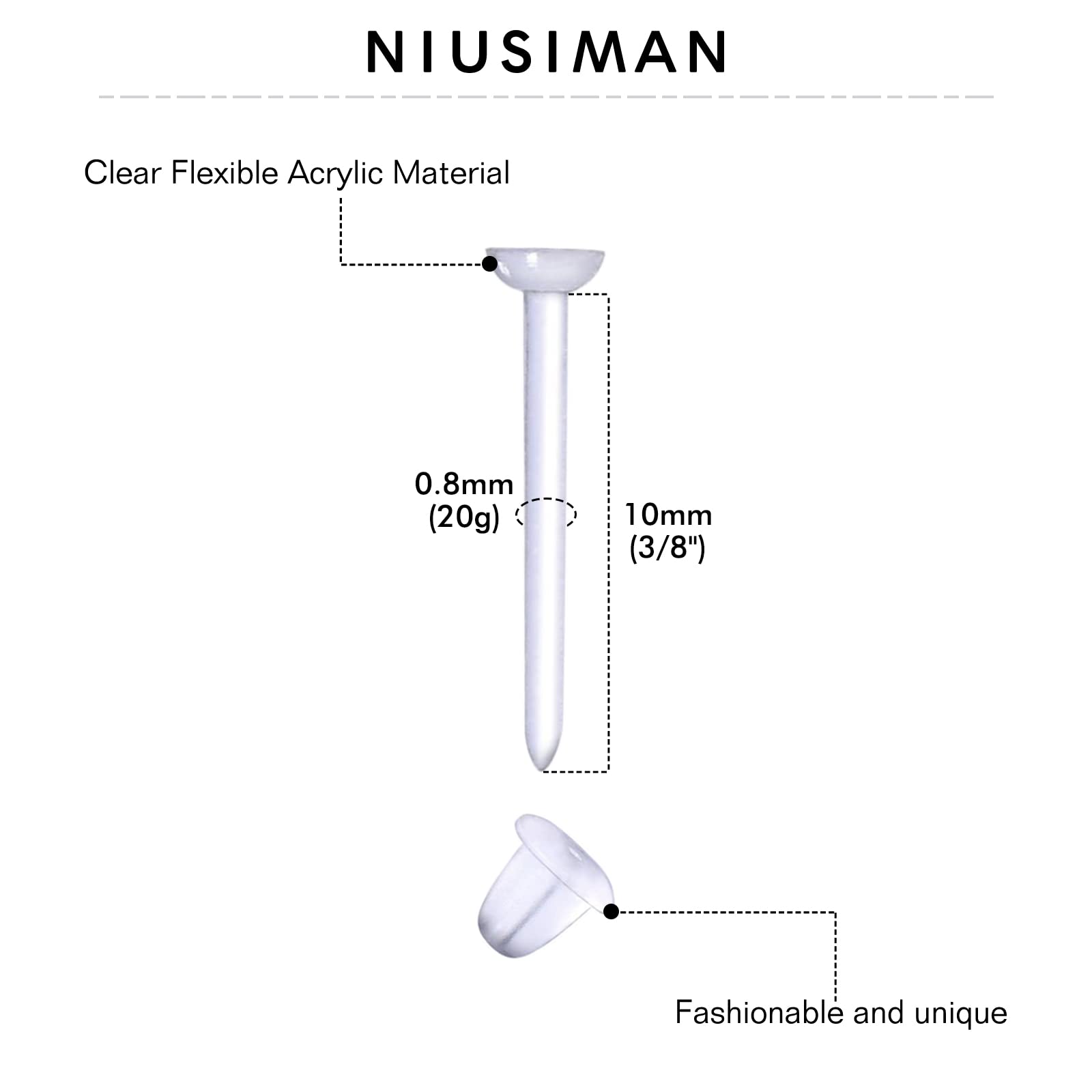 NIUSIMAN 18G Clear Nose Rings Studs Bioflex Nose Bone L Shaped Nose Rings Retainer Women Men