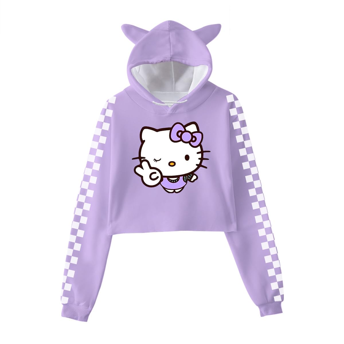 Kids Plaid Kitty Print Hoodie, Cat Ears Cute Pullover Sweatshirt Sports Tops Purple-X-Large