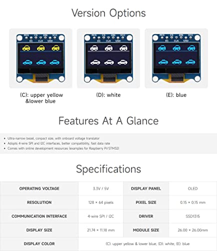 waveshare 0.96inch OLED Display Module, 128×64 Resolution, SPI / I2C Communication, White Version