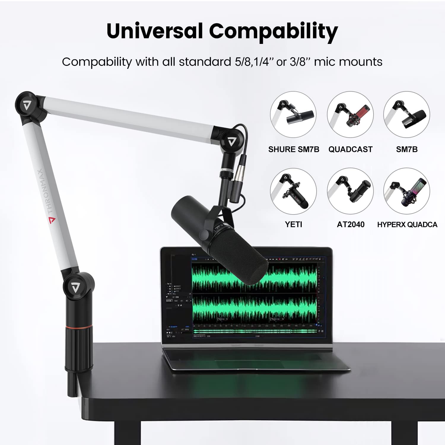 Professional Boom Arm Stand, THRONMAX Flex S5 Mic Stand for Game Streaming and Broadcasting/Sturdy and Universal Mic Arm with 1/4”,3/8", 5/8" Adapter