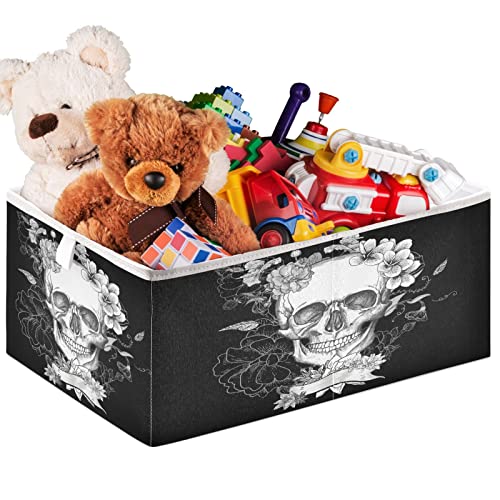 visesunny Square Storage Bins Skull Flower Vintage Black Storage Baskets Canvas Fabric Storage Boxes Foldable Nursery Basket for Clothes,Books,Toys,Shelves,Gifts