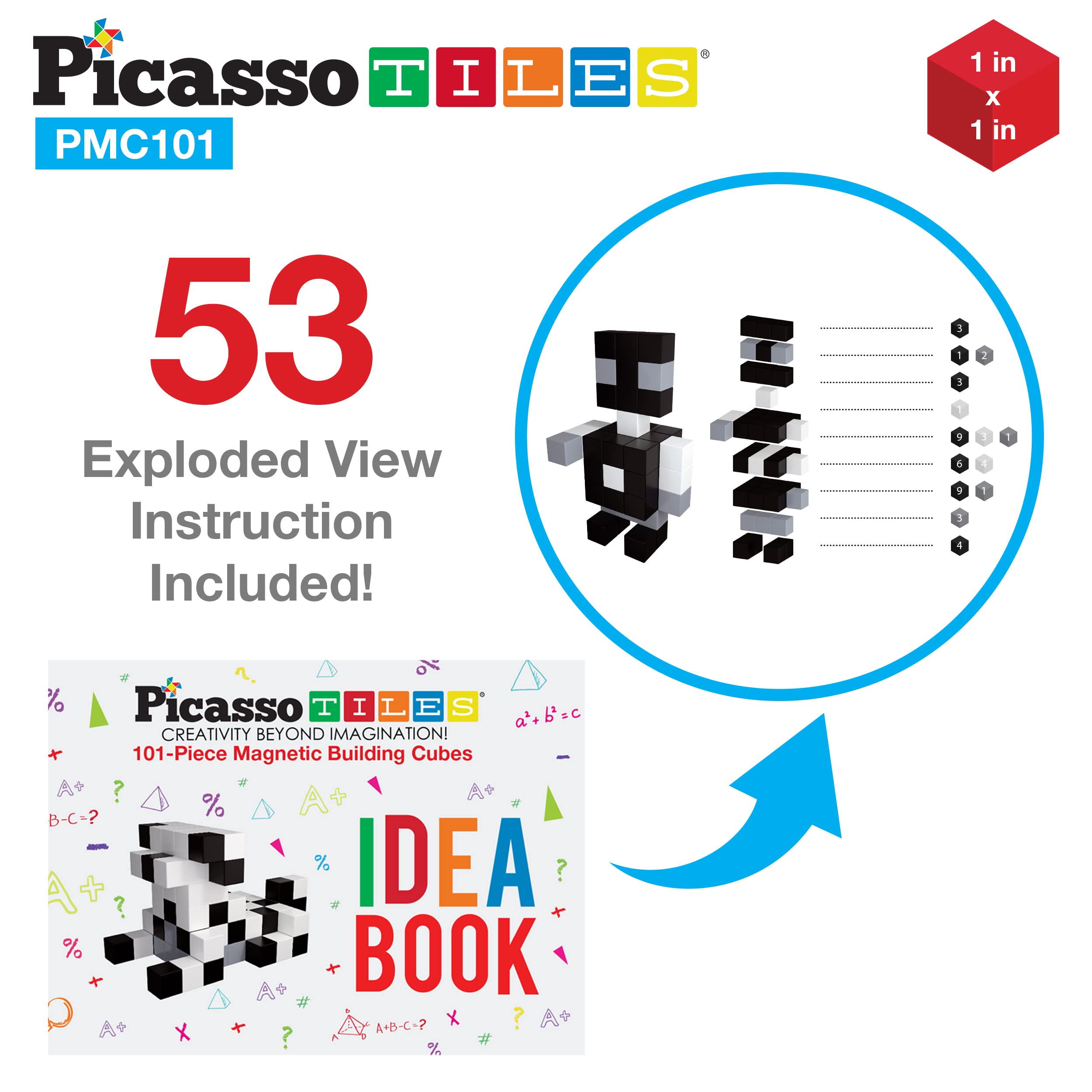 PicassoTiles Magnetic Puzzle Cube Characters + Mini + Black and White, 9pc with 18 Unique Characters Mix & Match Cubes Sensory Toys, 0.5” Pixel 100pcs, 1” 101pcs, Free Ideabook with 53 Ideas Age 3+