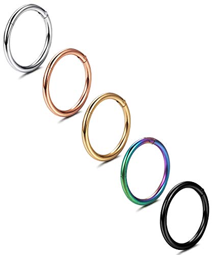 Jstyle 5 Pcs a Set 316L Stainless Steel Septum Piercing Nose Hoop Clicker Ring Hypoallergenic 16G 18G 20G