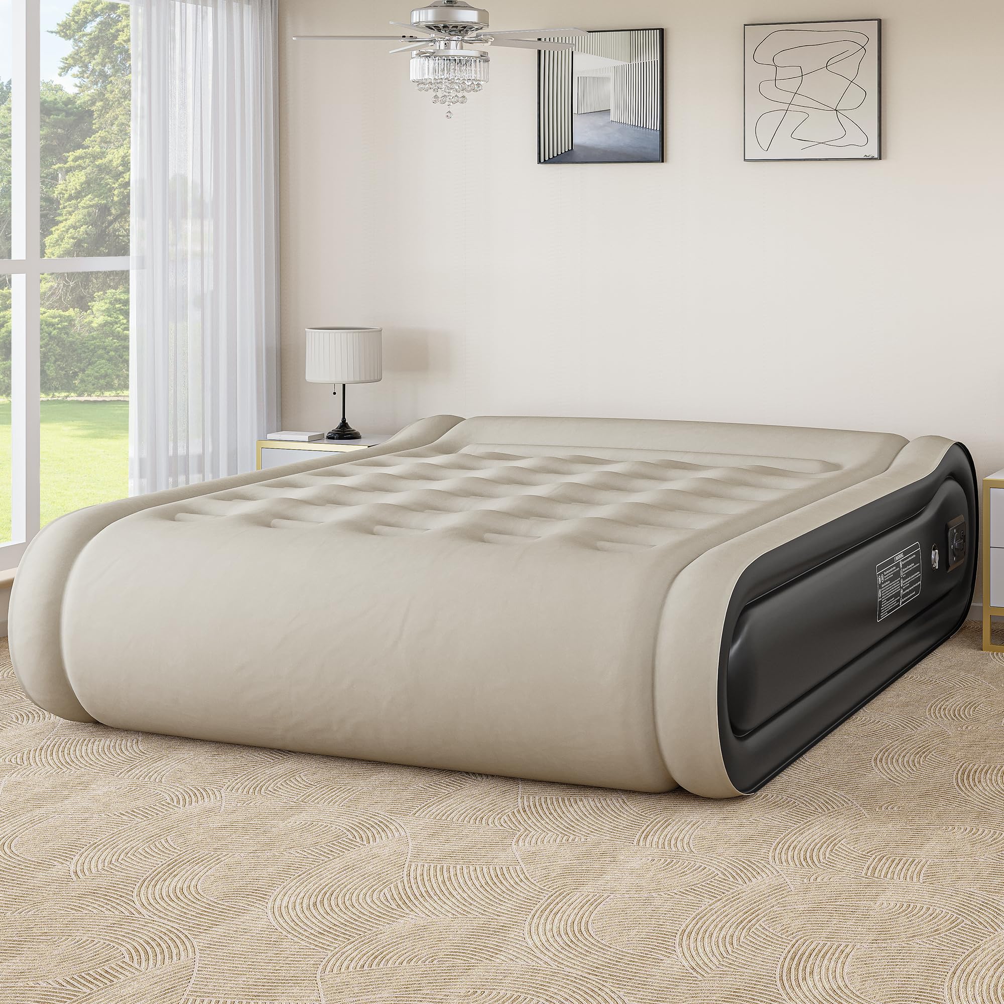 YITAHOME 18'' Flocked Top Queen Air Mattress with External Pump and Headboard, Durable Inflatable Bed, Blow-Up Mattress for Indoor and Outdoor Use, Brown
