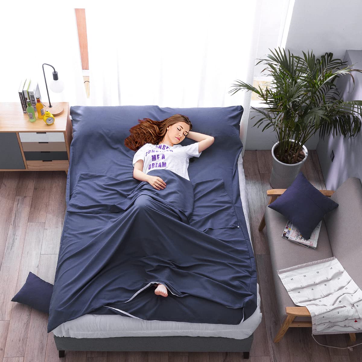 NIUXX Sleeping Bag Liner Camping Travel Bed Sheet with Zipper, Large Breathable Double Sleeping Sack for Backpacking, Hotel Hostels, Lightweight Bed Liner for Outside Travelling (Navy Blue)
